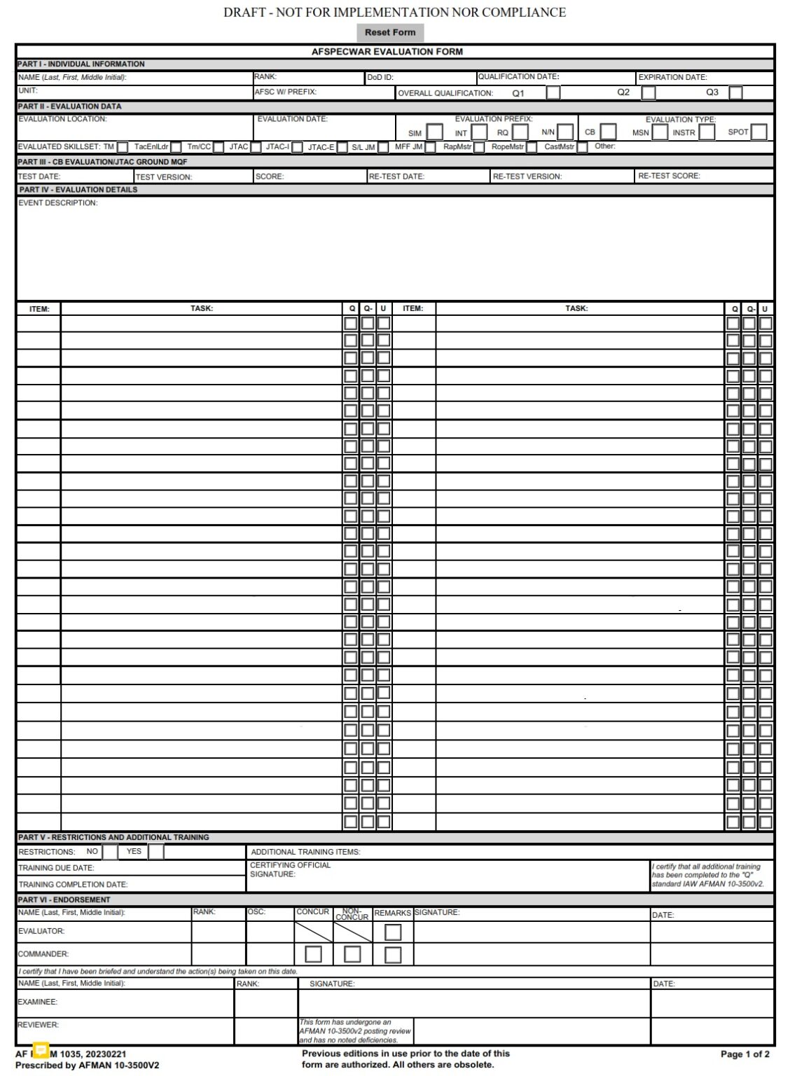AF Form 1035 - Afspecwar Evaluation Form - AF Forms