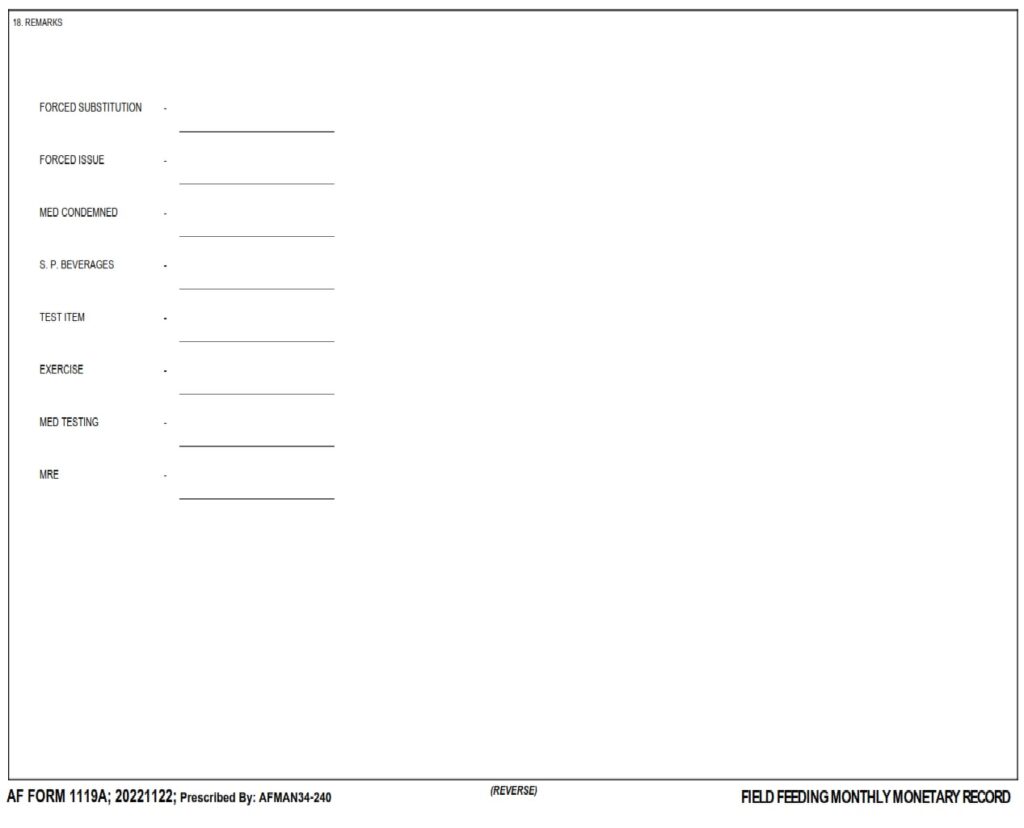 AF Form 1119A - Field Feeding Monthly Monetary Record - AF Forms