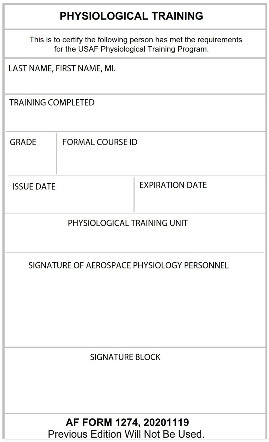 AF Form 1274 - Physiological Training - AF Forms