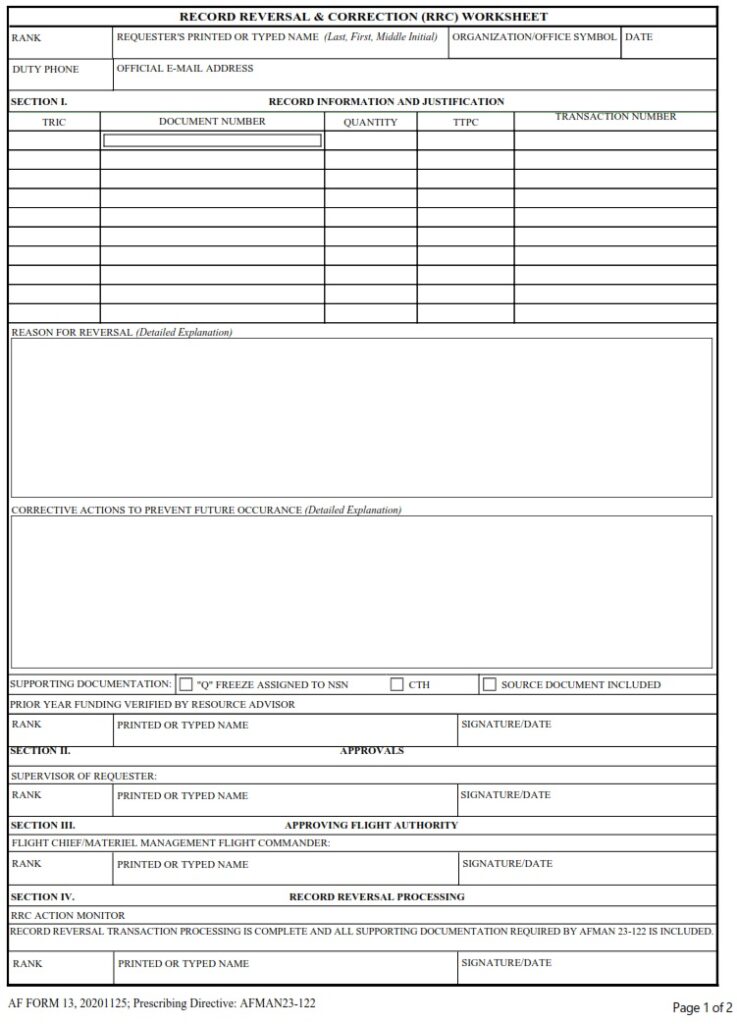 AF Form 13 - Record Reversal & Correction (RRC) Worksheet - AF Forms