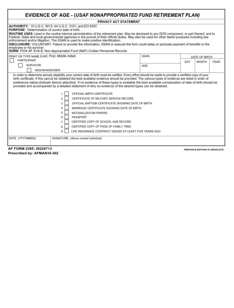 AF Form 2395 - Evidence Of Age - (Usaf Nonappropriated Fund Retirement ...