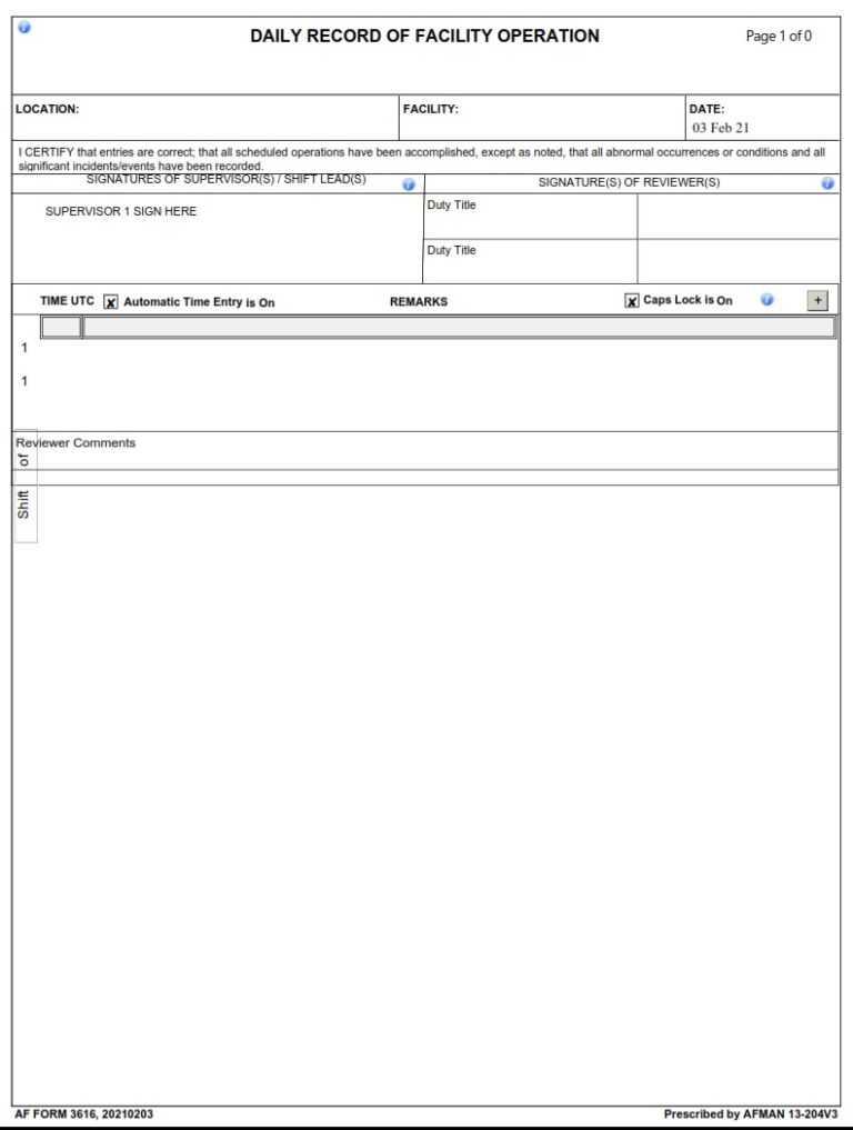 AF Form 3616 - Daily Record Of Facility Operation - AF Forms