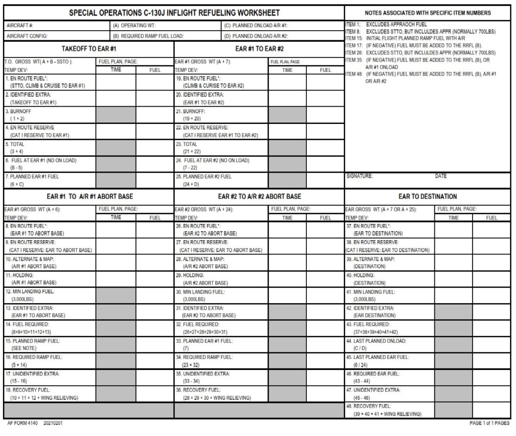 AF Form 4140 - Special Operations C-130J Inflight Refueling Worksheet ...