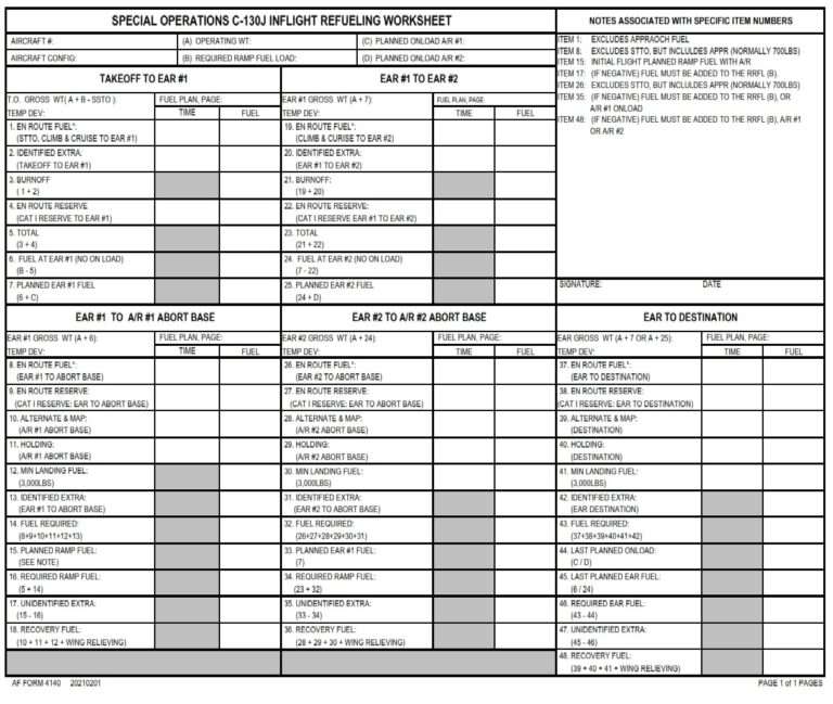 AF Form 4140 - Special Operations C-130J Inflight Refueling Worksheet ...