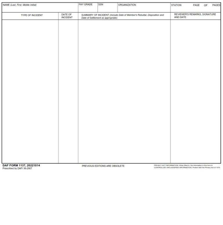 DAF Form 1137 – Unfavorable Information File Summary - AF Forms