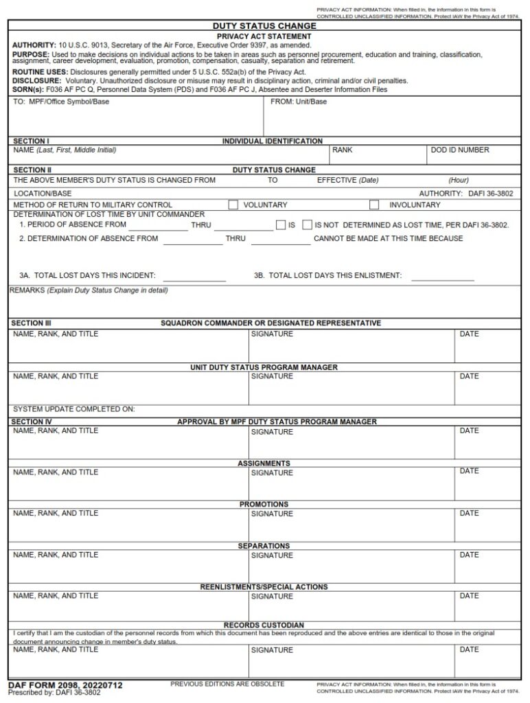 DAF Form 2098 – Duty Status Change - AF Forms