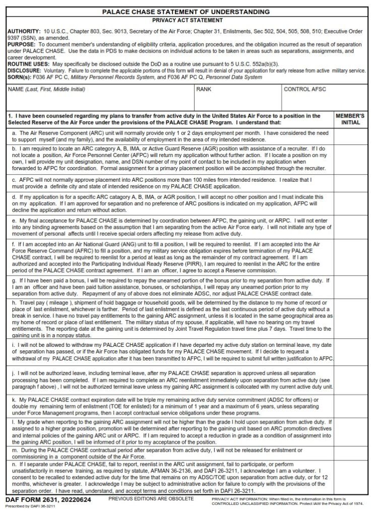 DAF Form 2631 - Palace Chase Statement Of Understanding - AF Forms