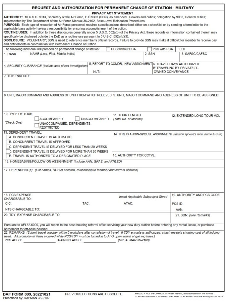 DAF Form 899 - Request And Authorization For Permanent Change Of ...