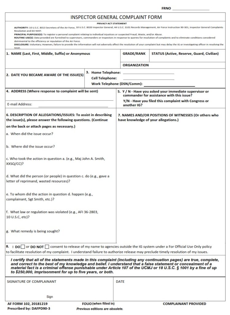 AF Form 102 - Inspector General Complaint Form - AF Forms