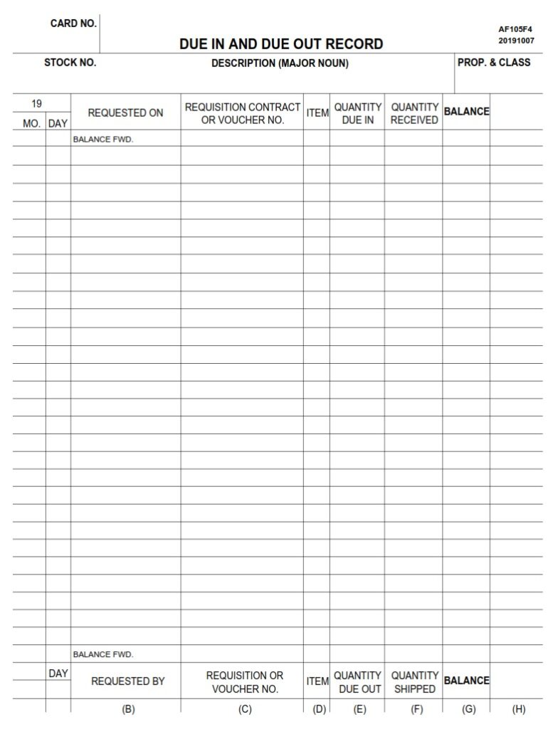 AF Form 105F4 - Due In And Due Out Record - AF Forms