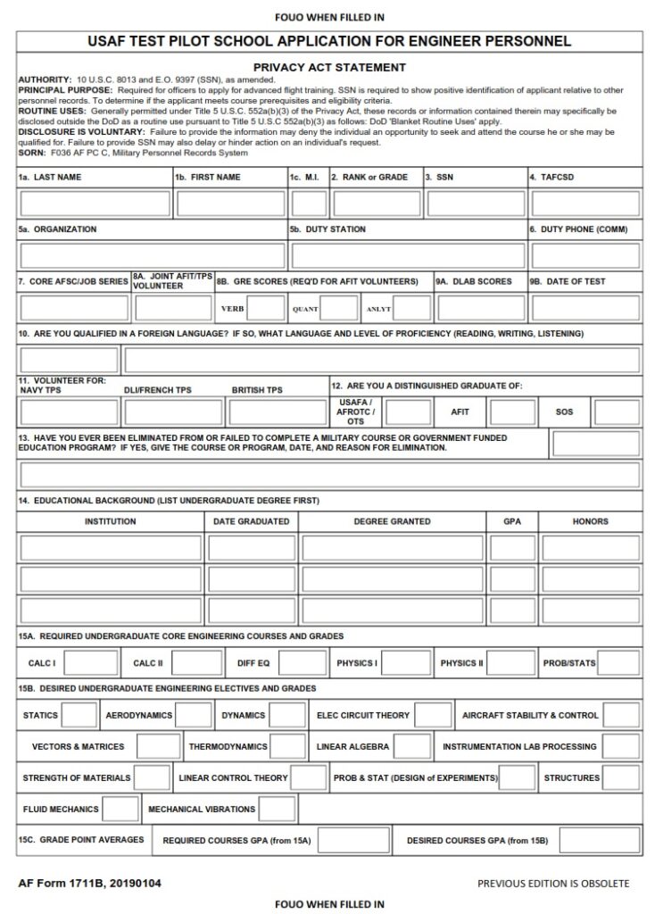 AF Form 1711B - Usaf Test Pilot School Application For Engineer ...