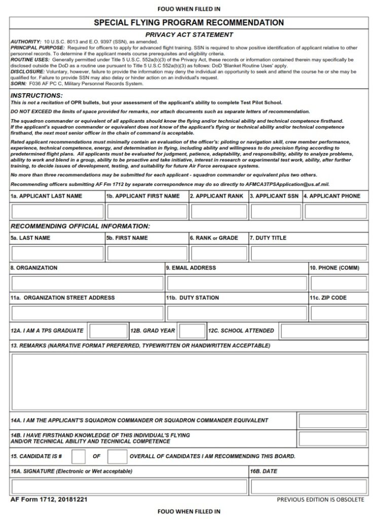 AF Form 1712 – Special Flying Program Recommendation - AF Forms