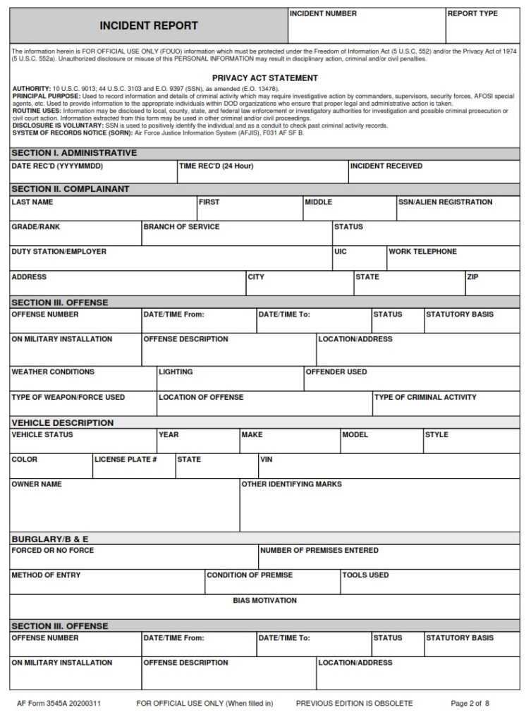 AF Form 3545A – Incident Report - AF Forms