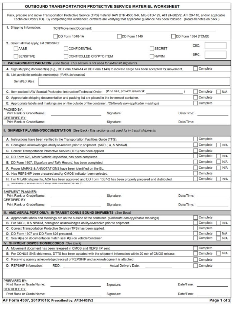 AF Form 4387 – Outbound Transportation Protective Service Materiel ...