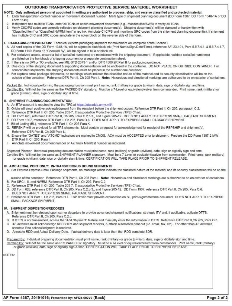 AF Form 4387 - Outbound Transportation Protective Service Materiel ...