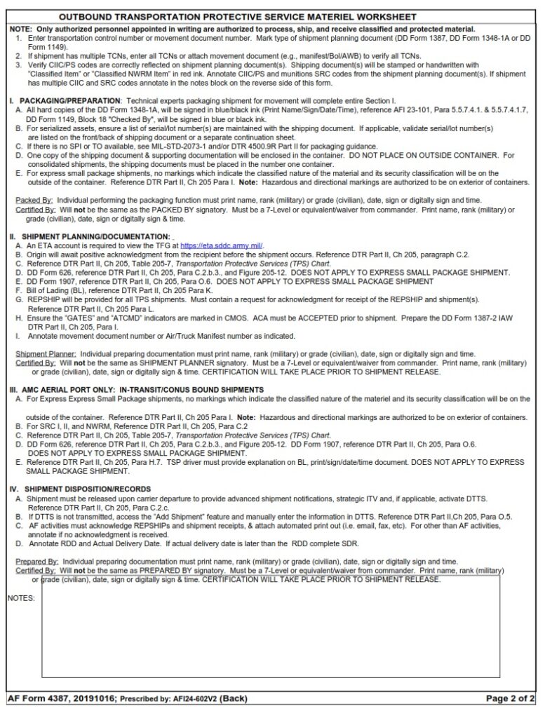 AF Form 4387 - Outbound Transportation Protective Service Materiel ...