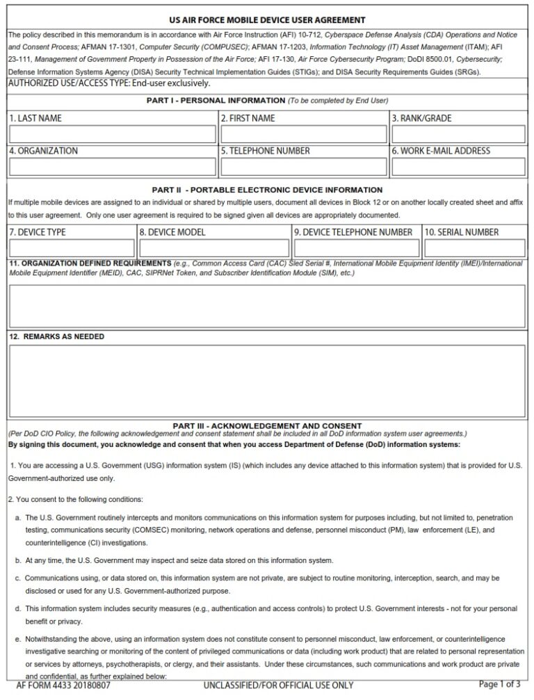 AF Form 4433 - Us Air Force Unclassified Wireless Mobile Device User ...