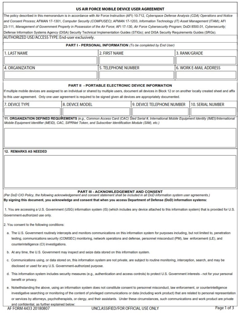 AF Form 4433 - Us Air Force Unclassified Wireless Mobile Device User ...