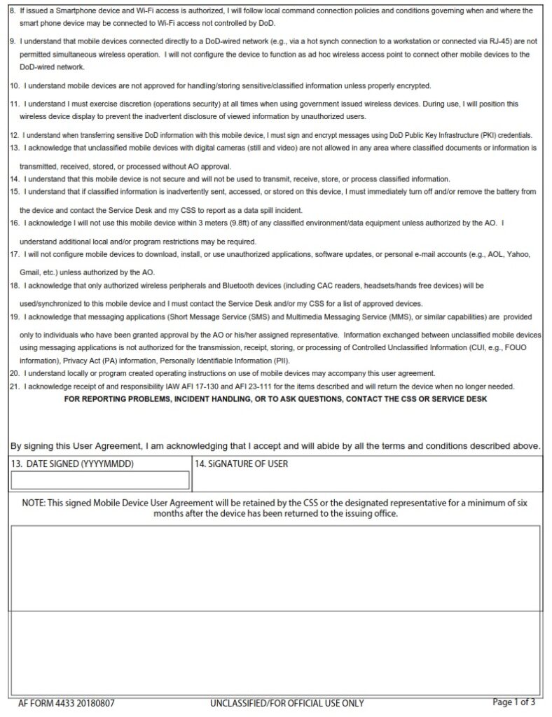 AF Form 4433 - Us Air Force Unclassified Wireless Mobile Device User ...