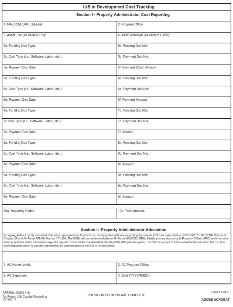 AF Form 7500 - Internal Use Software Cost Tracking - AF Forms