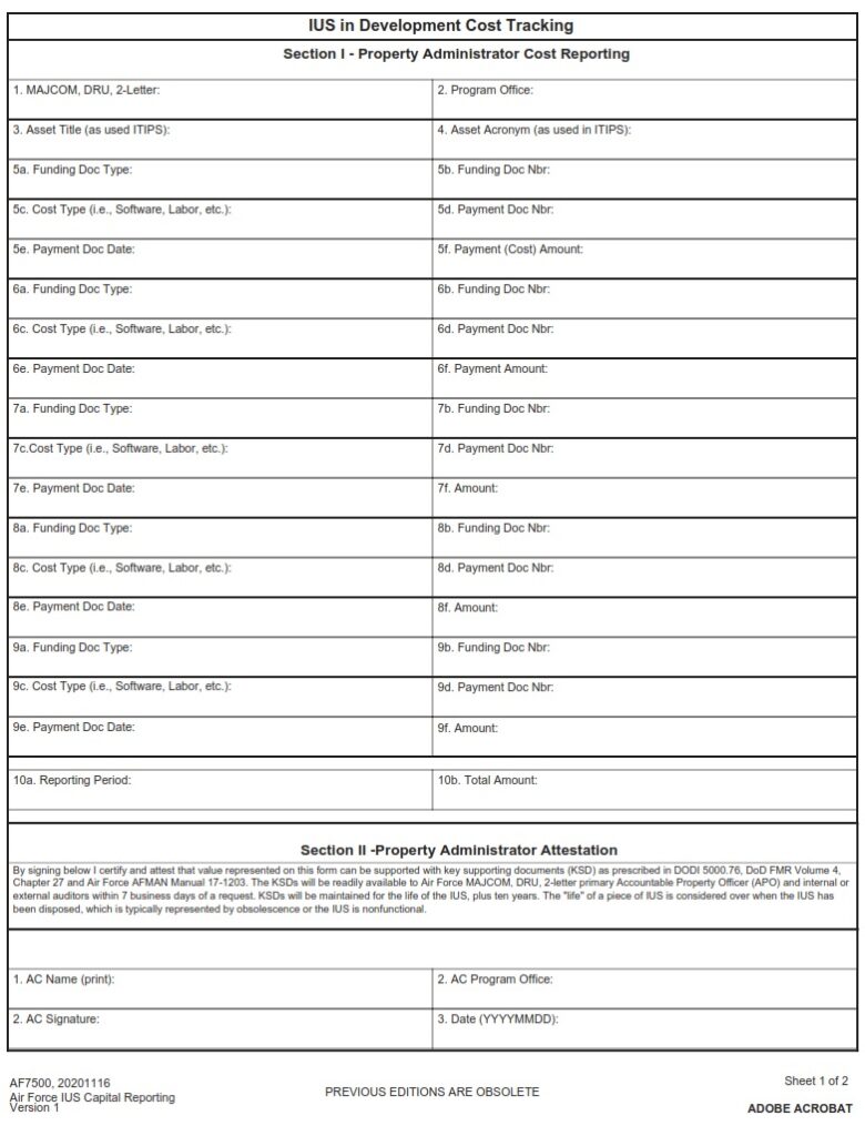 AF Form 7500 - Internal Use Software Cost Tracking - AF Forms