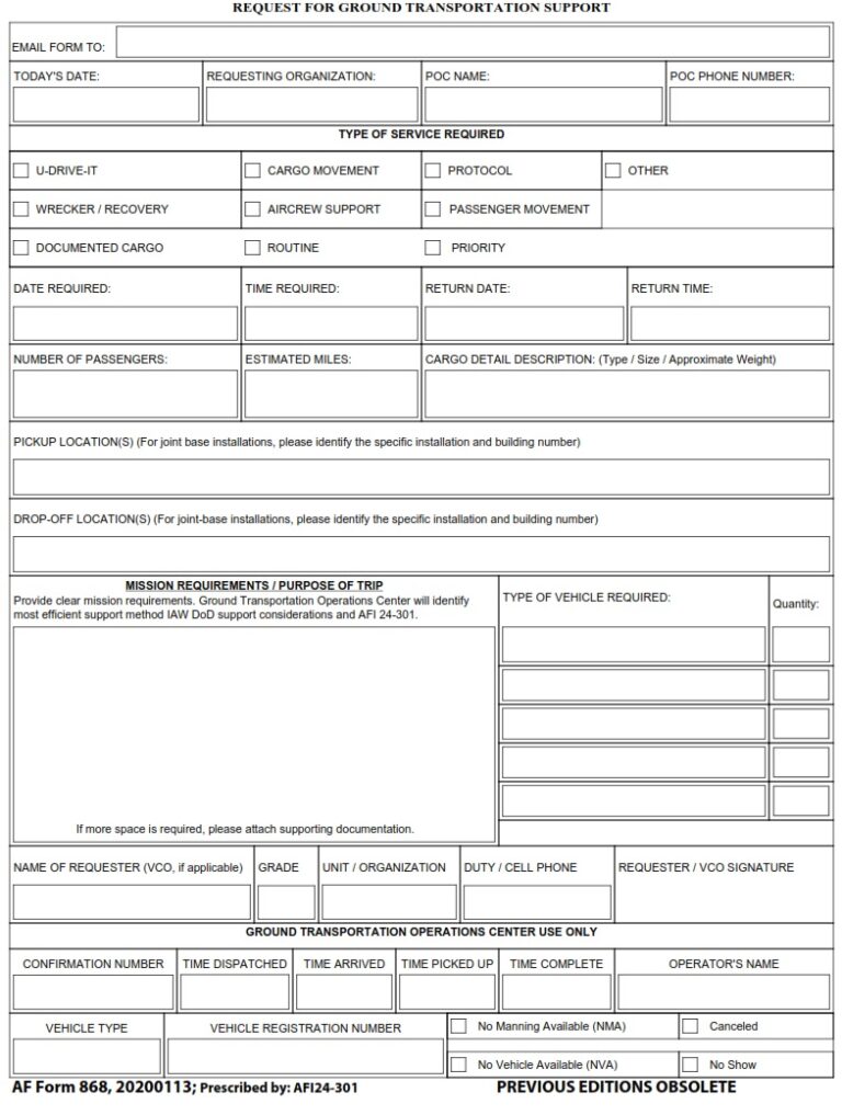 AF Form 868 – Request For Ground Transportation Support - AF Forms