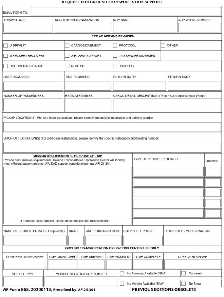 AF Form 868 – Request For Ground Transportation Support - AF Forms