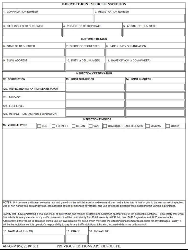 AF Form 869 - U-Drive-It Joint Vehicle Inspection - AF Forms