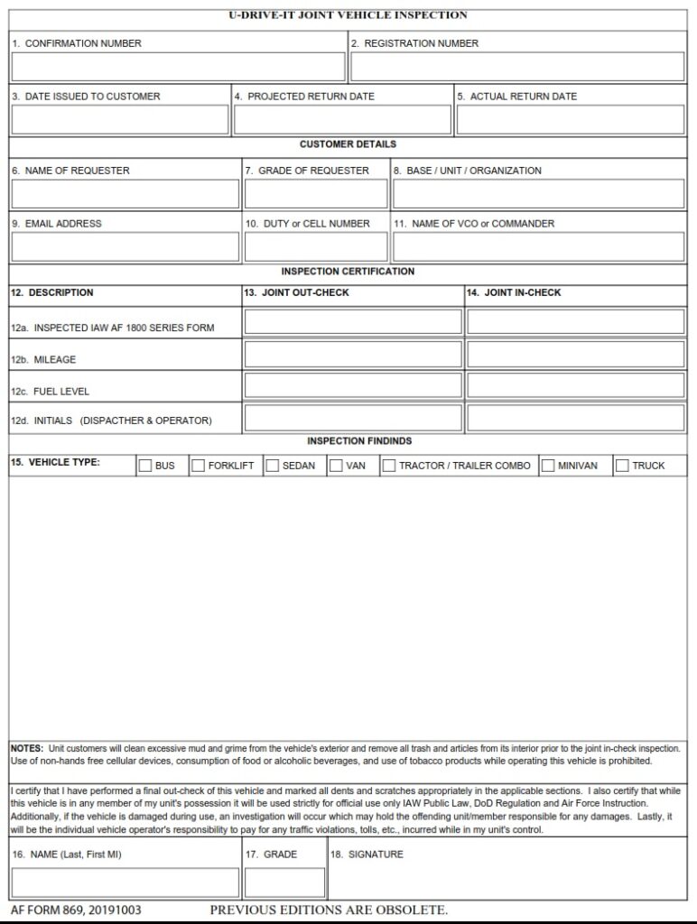 AF Form 869 - U-Drive-It Joint Vehicle Inspection - AF Forms