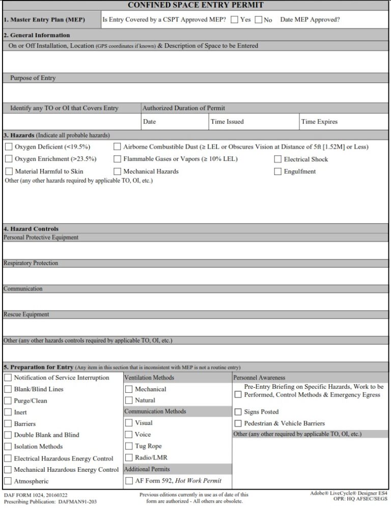AF Form 1024 - Confined Spaces Entry Permit - AF Forms