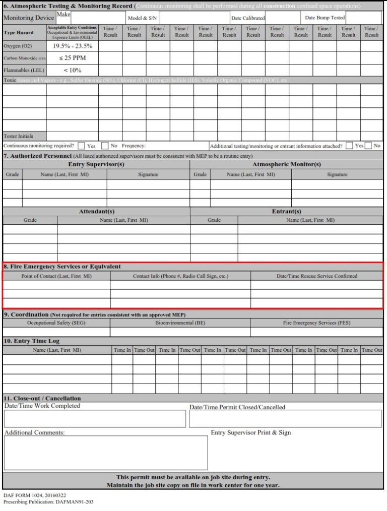 AF Form 1024 - Confined Spaces Entry Permit - AF Forms
