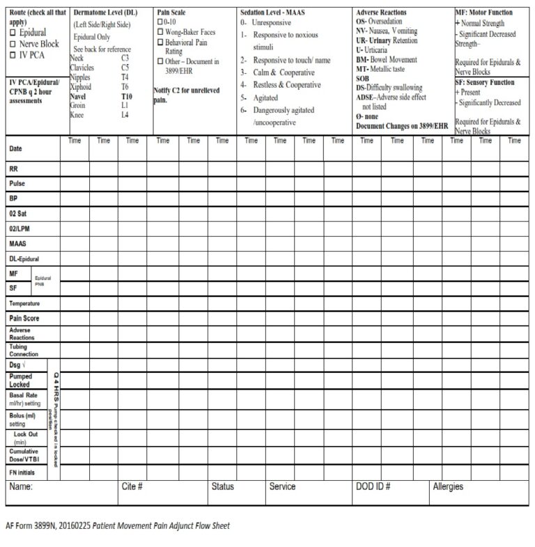 AF Form 3899N - Patient Movement Pain Adjunct Flow Sheet - AF Forms