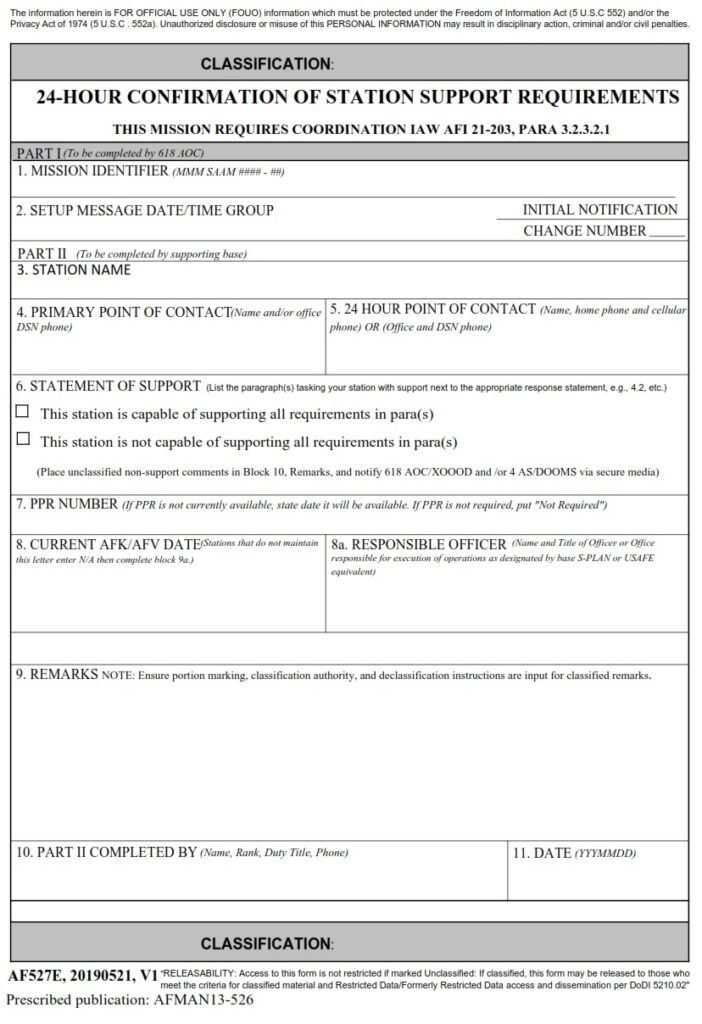 AF Form 527E - 24-Hour Confirmation Of Station Support Requirements ...