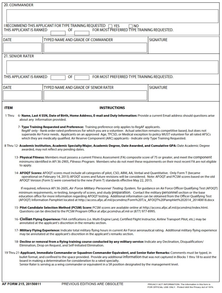 AF Form 215 - Aircrew Training Candidate Data Summary - AF Forms