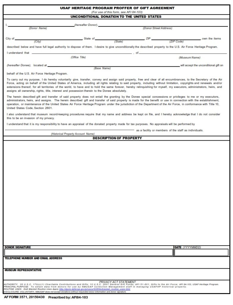 AF Form 3571 - Usaf Heritage Program Proffer Of Gift Agreement - AF Forms