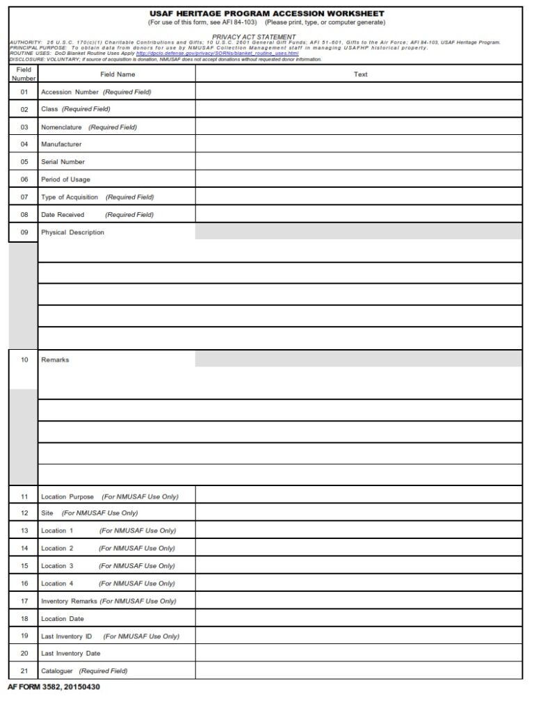 AF Form 3582 – Usaf Heritage Program Accession Worksheet - AF Forms