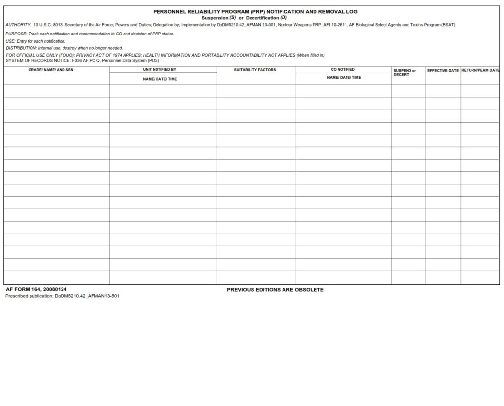 AF Form 164 – Personnel Reliability Program (PRP) Notification and ...