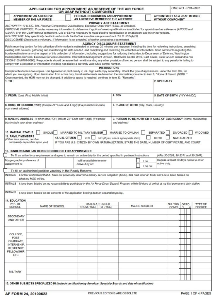 AF Form 24 - Application For Appointment As Reserve Of The Air Force Or ...