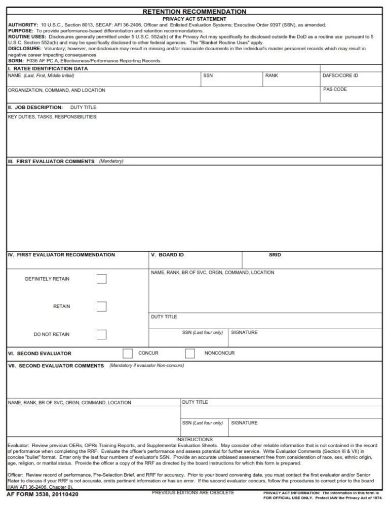 AF Form 3538 - Retention Recommendation - AF Forms