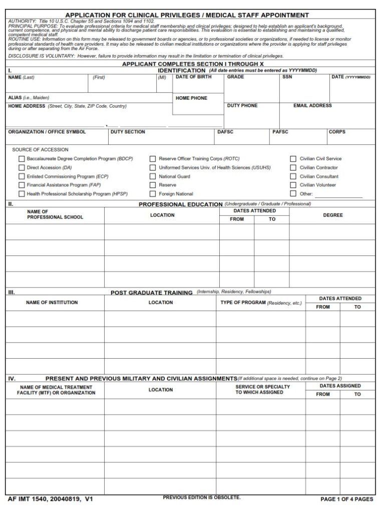 AF Form 1540 – Application For Clinical Privileges / Medical Staff ...