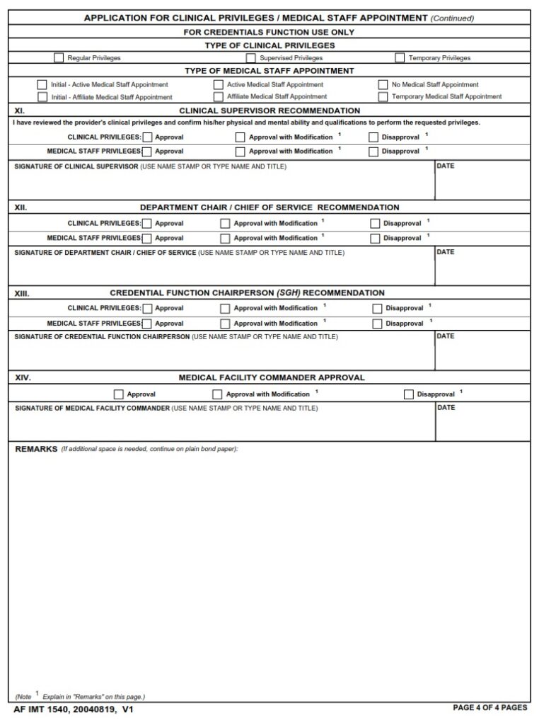 AF Form 1540 - Application For Clinical Privileges / Medical Staff Appointment - AF Forms