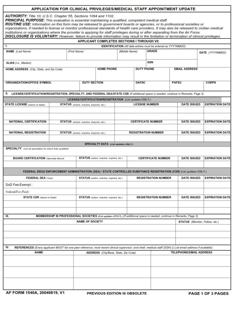 AF Form 1540A - Application For Clinical Privileges/Medical Staff ...