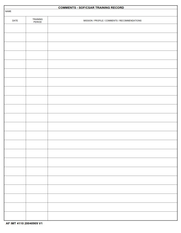 AF Form 4110 - Comments - SOF/CSAR Training Record - AF Forms