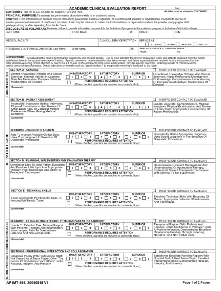 AF Form 494 - Academic/Clinical Evaluation Report - AF Forms