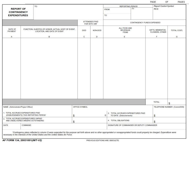 AF Form 134 - Report Of Contingency Expenditures - AF Forms