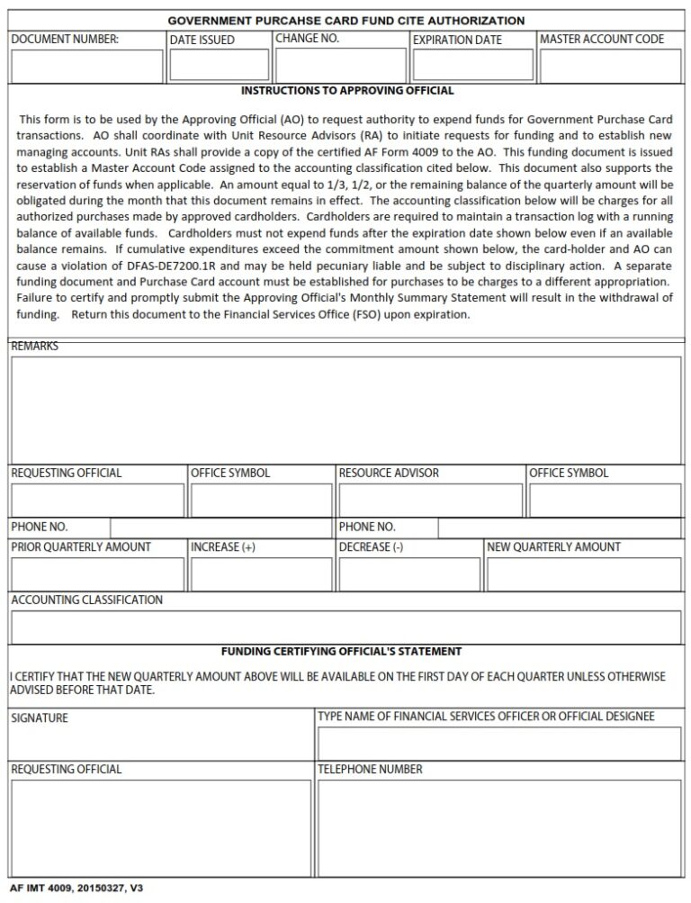 AF Form 4009 - Government Purchase Card Fund Cite Authorization - AF Forms
