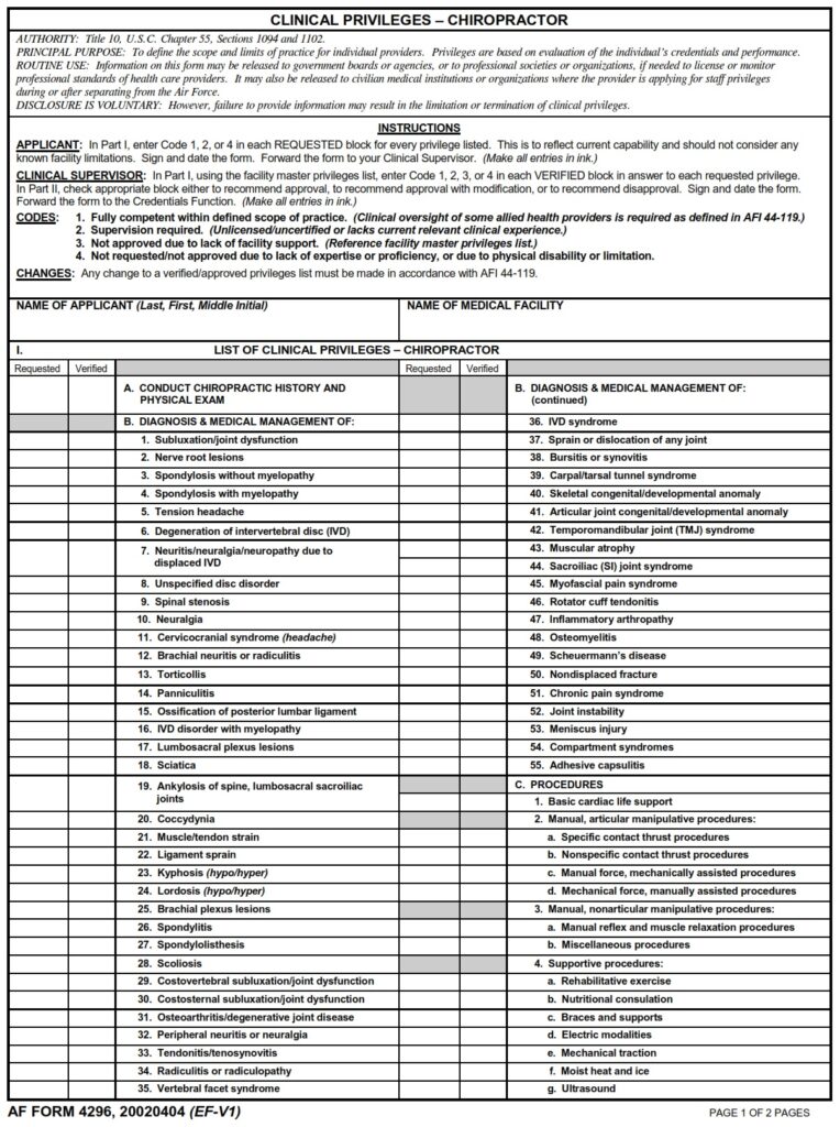 AF Form 4296 – Clinical Privileges – Chiropractor - AF Forms