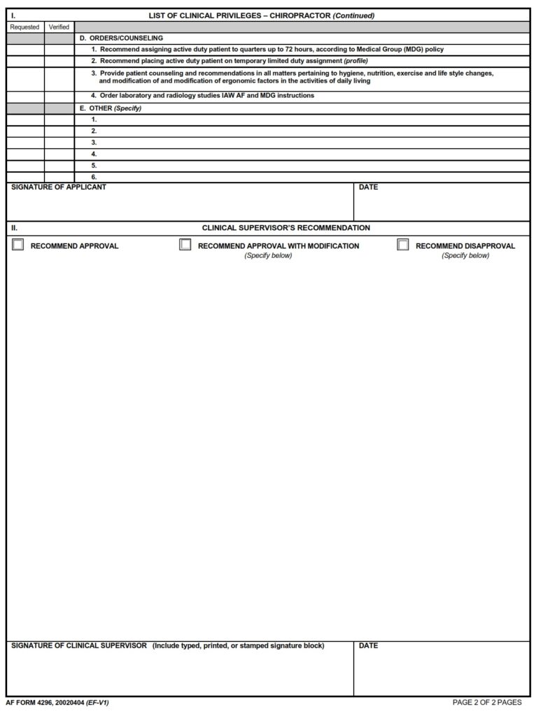 AF Form 4296 – Clinical Privileges – Chiropractor - AF Forms