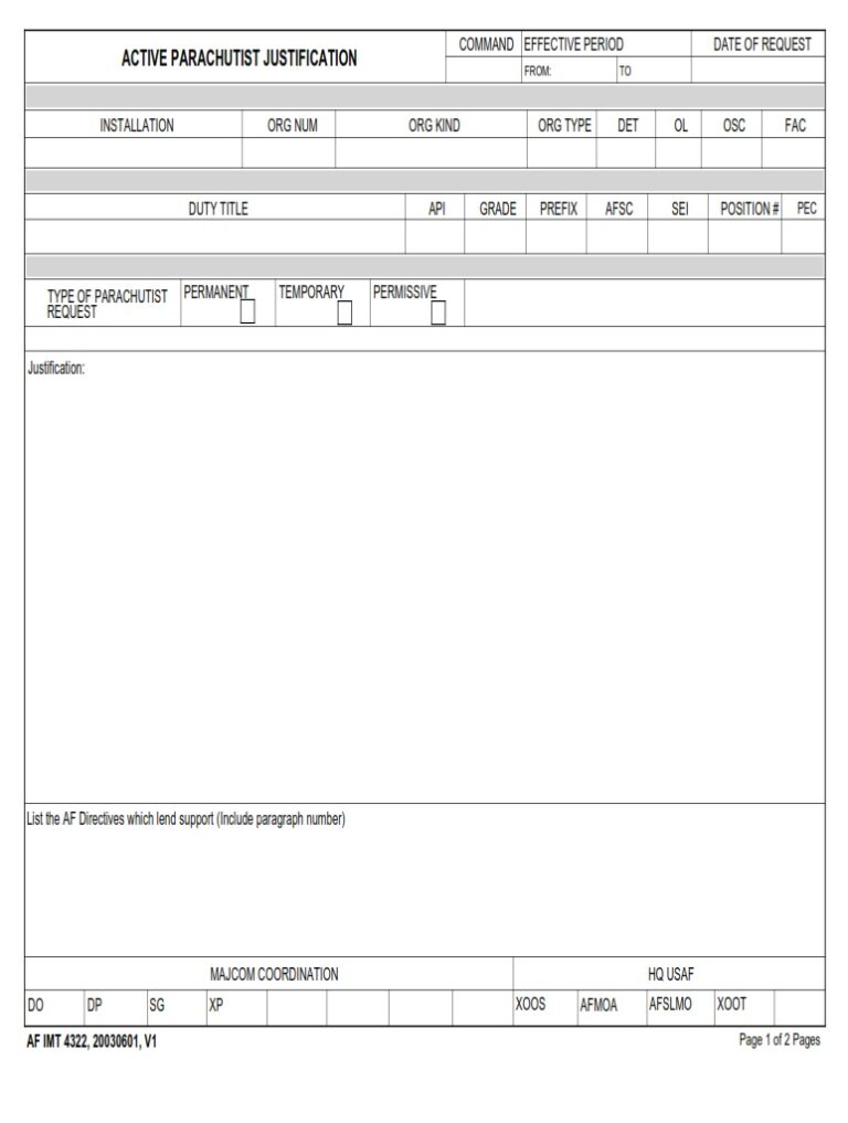 AF Form 4322 - Active Parachutist Justification - AF Forms