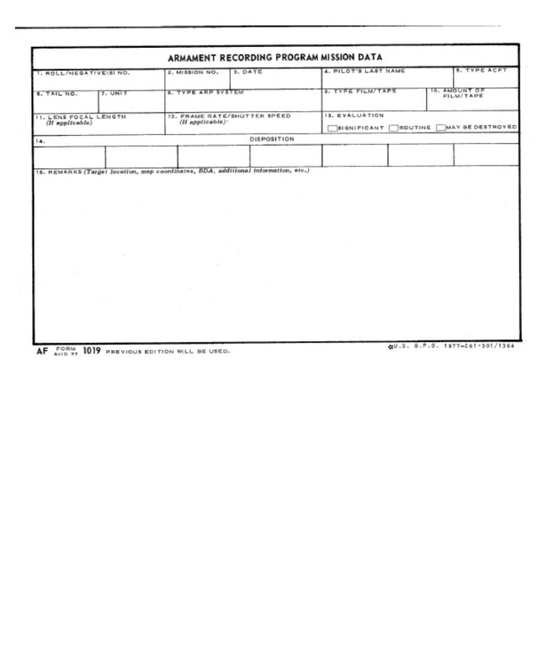 AF Form 1019 - Armament Recording Program Mission Data - AF Forms